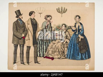 Fashion image: five figures, women's, men's and hat fashion, hairstyles ...