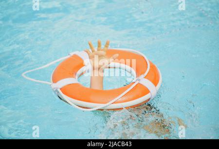 The concept of help, rescue, drowning, storm. Thrown life buoy saving ...