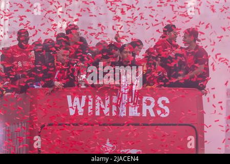 Liverpool, UK. 29th May, 2022. Supporters cheer on the Liverpool FC ...