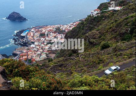An aerial view of the coastal town of Garachico in Tenerife, Spain ...