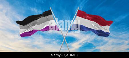 two crossed flags asexuality Pride and Denmark waving in wind at cloudy ...