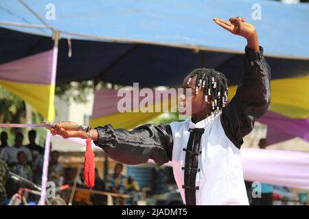 Cotonou, Benin. 29th May, 2022. Children perform martial arts during a ...