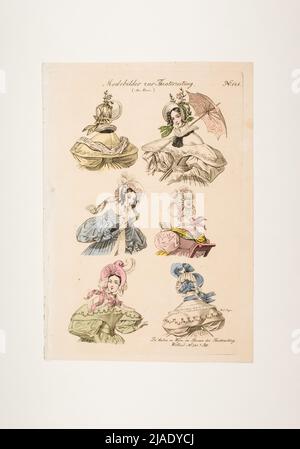 Fashion image: six figures, female hat and hooded fashions. Unknown ...