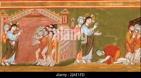 The 'Cleansing of the Ten Lepers' from the Codex Aureus depicts the ...