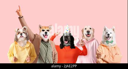 Many cute dogs with human bodies on light blue background Stock Photo ...