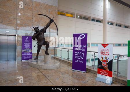 Statue of Robin Hood firing bow and arrow, at Robin Hood Doncaster ...