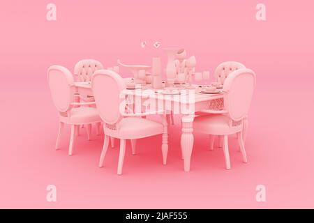Light pink background. Dining chairs and dining table in flat style, 3D ...
