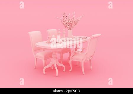 Light pink background. Dining chairs and dining table in flat style, 3D ...
