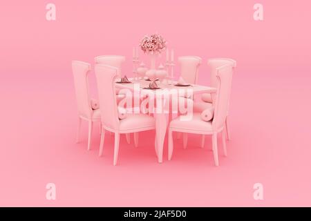 Light pink background. Dining chairs and dining table in flat style, 3D ...