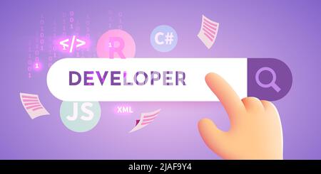 Cartoon hand looking for a developer using Internet. Vector ...