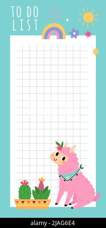 Cute llamas weekly planner. Kids schedule of classes. Notes and to do ...