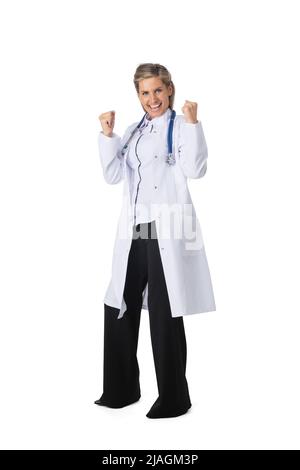 Young doctor with win gesture isolated on blue background Stock Photo ...