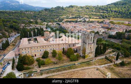 Aerial view of Castle of Abbey Sainte-Marie d'Orbieu, part of history ...