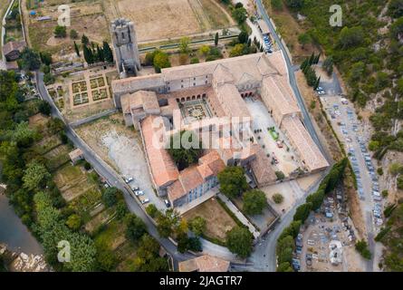 Aerial view of Castle of Abbey Sainte-Marie d'Orbieu, part of history ...