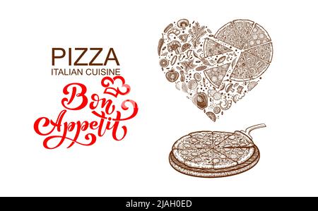 Pizza in the shape of a heart. Pizza and ingredients. Italian food menu ...