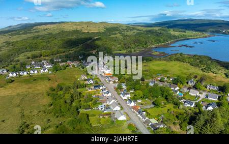 Aerial view from drone of Salen village on Isle of Mull, Argyll and ...