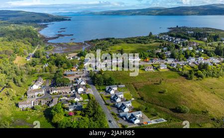 Aerial view from drone of Salen village on Isle of Mull, Argyll and ...