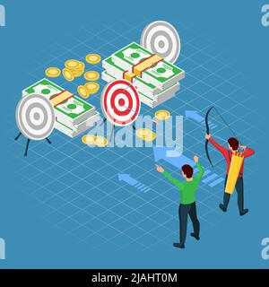 Shooting range isometric concept abstract situation archer hits targets behind which there are ...