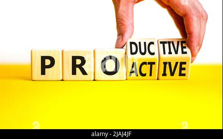 Proactive and productive symbol. Businessman turns cubes and changes ...