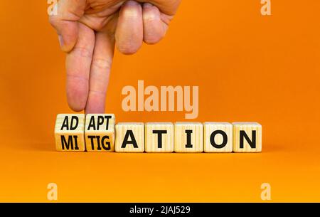 Adaptation or mitigation symbol. Businessman turns cubes and changes ...