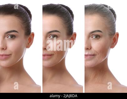 Portraits of Asian woman at different stages of aging on light ...