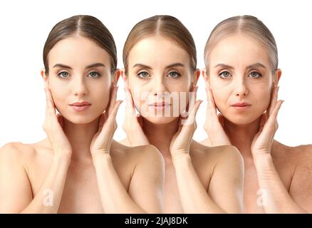 Portraits of woman at different stages of aging on white background ...