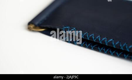 Empty blue men's money clip handmade leather wallet with a two pockets ...
