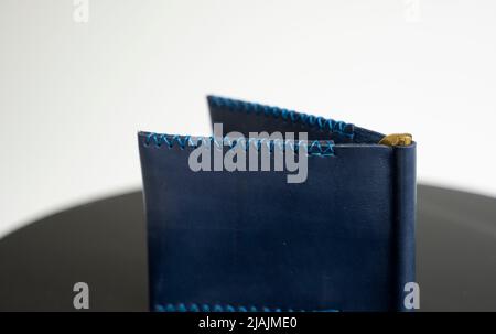 Empty blue men's money clip handmade leather wallet with a two pockets ...
