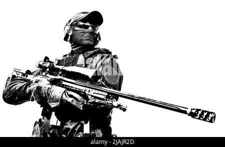 Police tactical group sniper in black uniform and mask, holding sniper ...