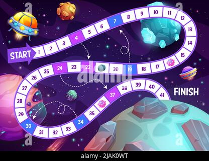Kids board game cartoon spacecraft, ufo and starship in galaxy space ...