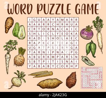 Raw isolated vegetable sketches. Crossword puzzle worksheet. Word quiz ...