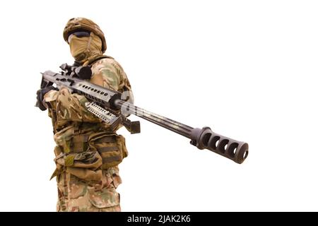 Equipped special forces soldier with sniper rifle isolated on white ...