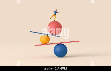 A male character balancing on unstable shapes. 3D Rendering Stock Photo ...