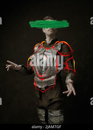 Surreal artwork with medieval knight, warrior with part of cat's face ...