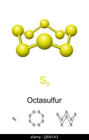 Sulfur (octasulfur, S8) crystal structure. Atoms are represented as ...