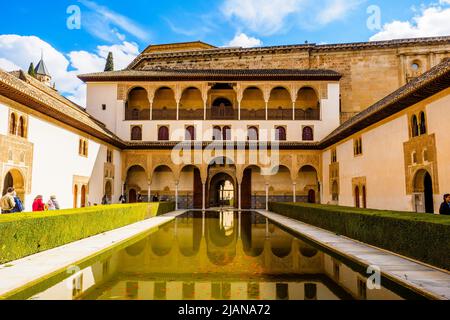 The Court of the Myrtles, a part of the Nasrid Comares Palace, part of ...