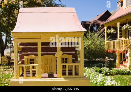 Miniature 1800s chinked log cabin mailbox with yellow veranda and ...