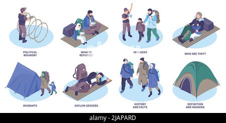 Refugee isometric compositions set of asylum seekers migrants adult ...