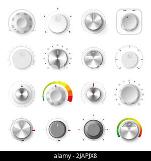 Round analogue knobs for volume or level adjustment realistic set on black background vector ...