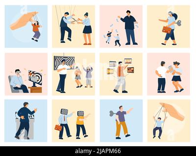 Manipulation set with square compositions of flat human characters ...