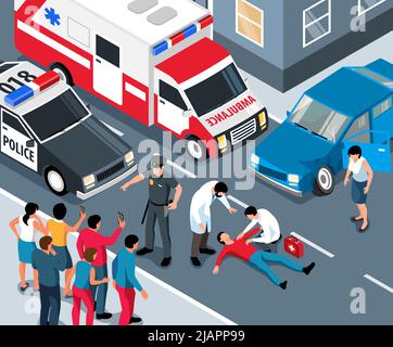 Isometric composition with emergency police cars and other transport ...