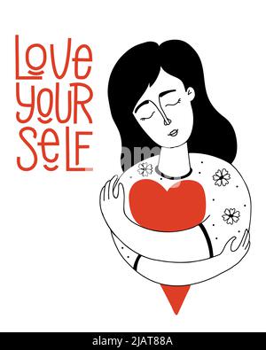 woman hugs herself. self-love concept. taking care of yourself., woman ...