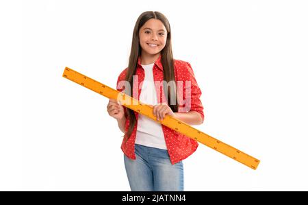 happy child hold ruler study mathematics at school isolated on white ...