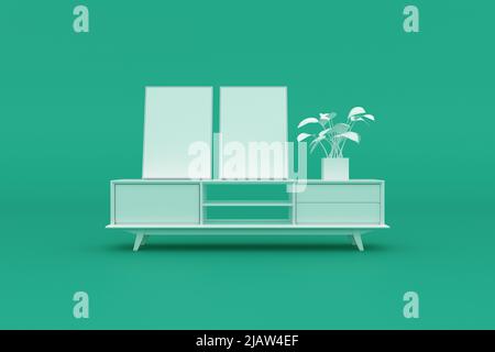 TV cabinet isolated on turquoise background, flat style, 3D rendering ...