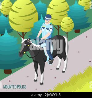 Mounted police isometric background with policeman patrolling city park ...