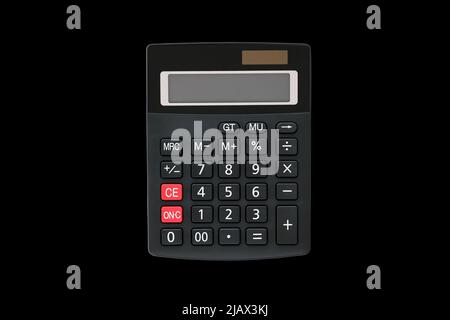 Big black rectangular calculator with solar panel and two red buttons ...