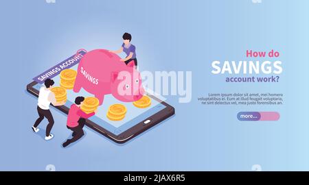 Isometric online mobile banking horizontal banner composition with images of pig shaped still ...