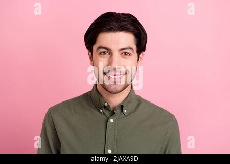 Photo of positive cheerful person beaming smile look interested empty ...