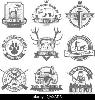 Black hunting emblems set with club ribbons and images hunter knife ...