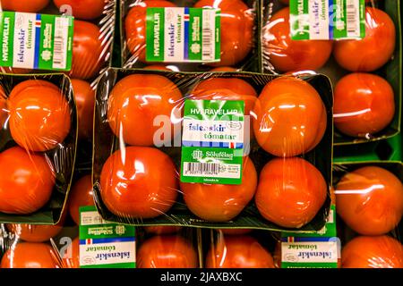 Vegetables grown in Icelandic greenhouses in a supermarket of Reykjavik ...